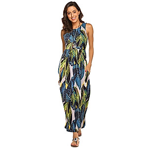 Hount Ladies Summer Dresses Clothing Women's Summer Casual Sexy Sleeveless Long Maxi Dress with Pockets Leaf Print L