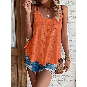 KKJ Womens Fashion Tank Tops Eyelet Embroidery Sleeveless Camisole Scoop Neck Loose Casual 2024 Summer Clothes Flowy Shirts Orange