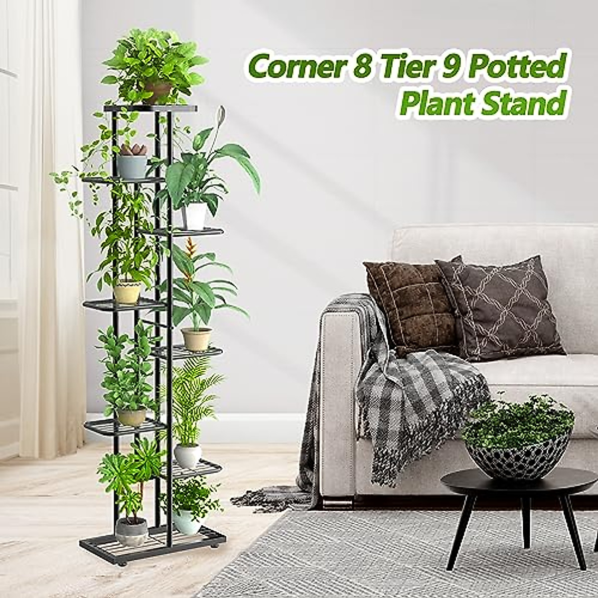 Corner Plant Stand Indoor 8 Tier 9 Potted with Gardening Tools and Gloves, Upgraded Tall Metal Plant Shelf Organizer Outdoor, Multiple Flower Holder Display Rack for Patio, Garden, Balcony, Living Room