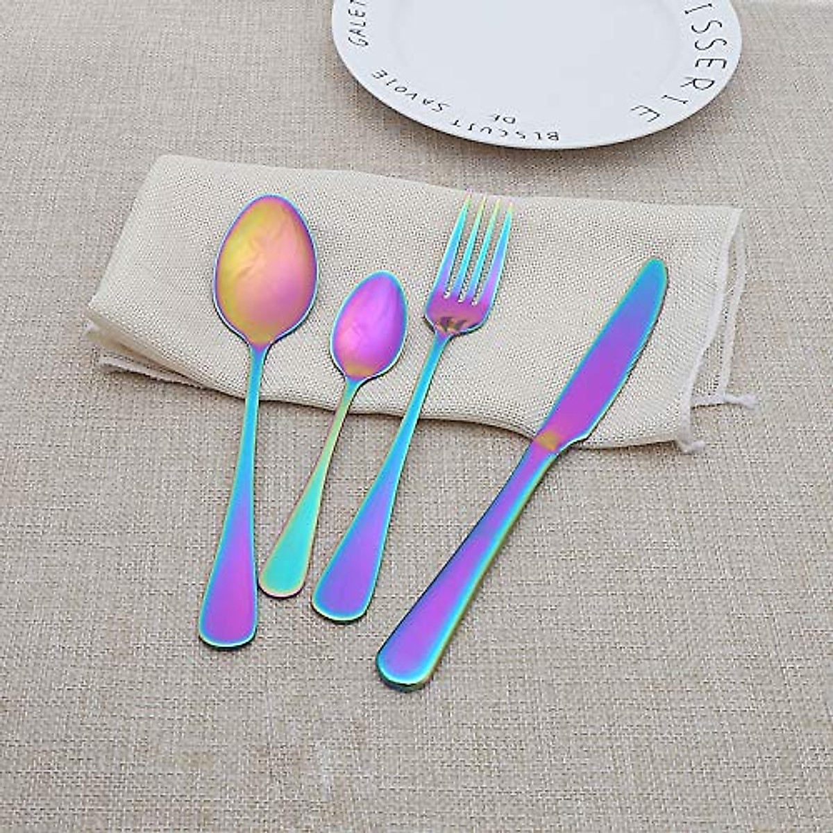Lightahead 16pcs Rainbow colored Iridescent Stainless Steel Flatware Tableware Cutlery Set in attractive Black Gift Box (Multicolored)