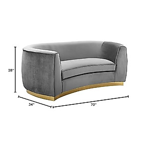 Meridian Furniture Julian Collection Modern | Contemporary Velvet Upholstered Loveseat with Stainless Steel Base in Rich Gold Finish, Grey, 70" W x 34" D x 28" H