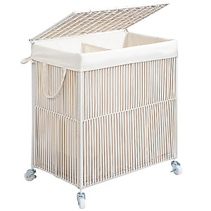 WOWLIVE Laundry Hamper with Wheels, Handwoven Rolling Laundry Basket with Lid, Clothes Hamper with Divided Removable Liner Bag, 115L Large Capacity Laundry Sorter Laundry Room Organization, White