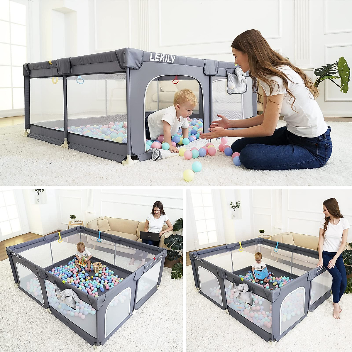 LEKILV Baby Playpen, Extra Large Playpen for Babies and Toddlers, Outdoor Portable Foldable Infant Playpen, Sturdy Safety Huge Baby Fence Play Mat Ball Pit（59x70.8x26 in)