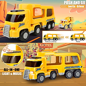 BASPOJO Construction Truck Toys for 3 4 5 6 Year Old Boys, 5-in-1 Friction Power Toy for Kids 3-5, Carrier Truck Cars for Toddlers 1-3, Kids Toys Set for Age 3-9, for 3+