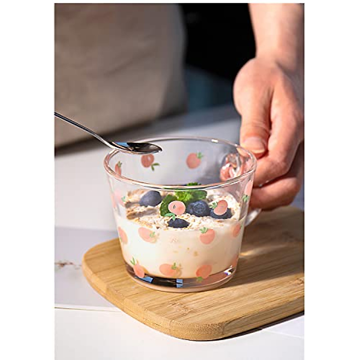 yaocoral 12 OZ Kawaii Mug Peach Glass Cup with Measurements,Glass Coffee Mug Cup with Handle for Coffee,Latte,Juice,Milk,Yogurt,Dessert,Tea,Breakfast Oatmeal Cup(clear 2)
