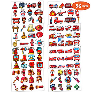 (96 PCS) Firefighter Fire Truck Fireman Temporary Tattoos Themed Birthday Party Decorations Favors Supplies Cute Tattoo Stickers For Children Boys Girls Games School Gifts Rewards Home Activity