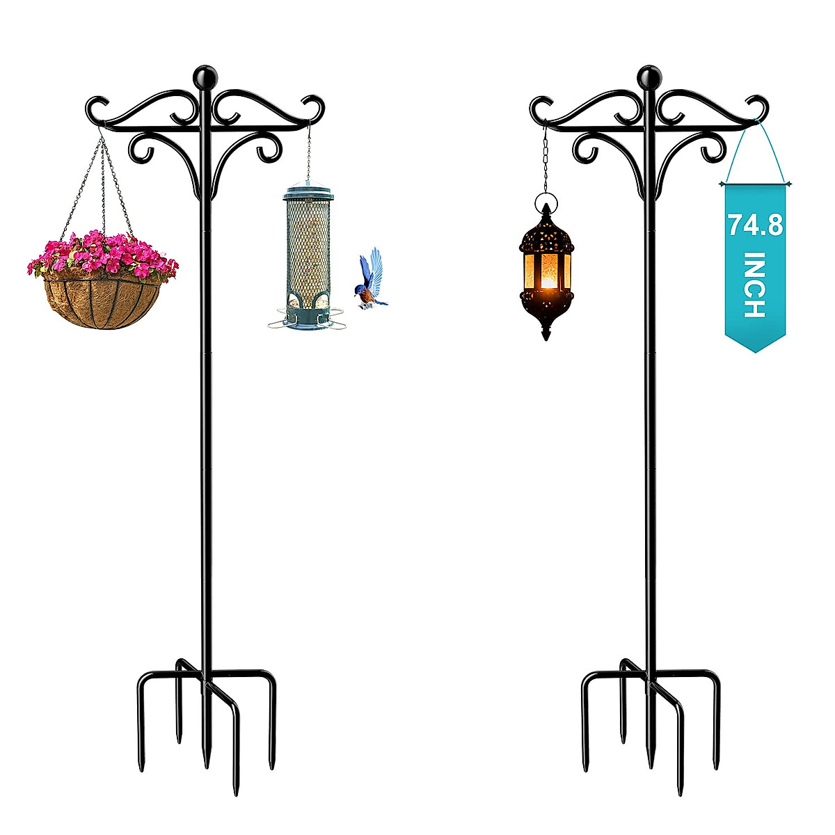 Keten Shepherds Hooks for Outdoor, 75” Double Bird Feeder Poles with 5 Prongs, Adjustable Outdoor Plant Hanger Hooks for Bird Feeder, Plant Baskets, Lanterns, Wedding Decor(2 Pack)