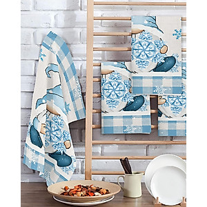Blue Plaid Gnomes Winter Dish Towels Set, Waffle Weave Kitchen Towels Microfiber Towels Cleaning Christmas Snowflake Rustic Burlap Soft Absorbent Dish Drying Towels Hand Towels 2 Pack 15.7x23.6 In