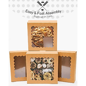 qiqee Auto-pop up Brown Pie Boxes with Window 10x10x2.5 inch 30Packs Cookie Donut Bakery Box