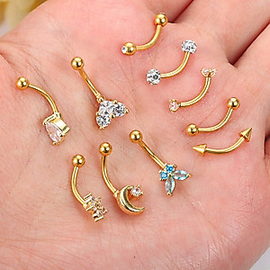 Drperfect 10Pcs 16G Rook Daith Earrings for Women Stainless Steel Belly Lip Ring Cartilage Tragus CZ Body Piercing Curved Barbell Eyebrow Rings 6-8mm