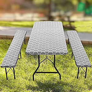 3 Pieces Picnic Table and Bench Fitted Tablecloth Cover Picnic Table Cover with Bench Covers for Picnics Indoor and Outdoor Dining (Gray Moroccan Pattern)