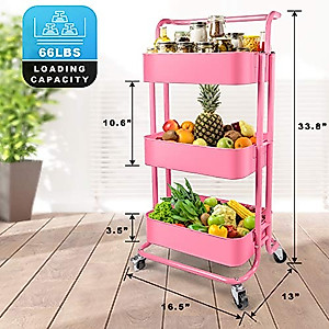 Homchwell Metal 3 Tier Utility Cart, Mesh Rolling Cart Organizer with Handle & Lockable Wheels, Multi-Functional Rolling Storage Cart for Kitchen, Bathroom, Living Room and Office