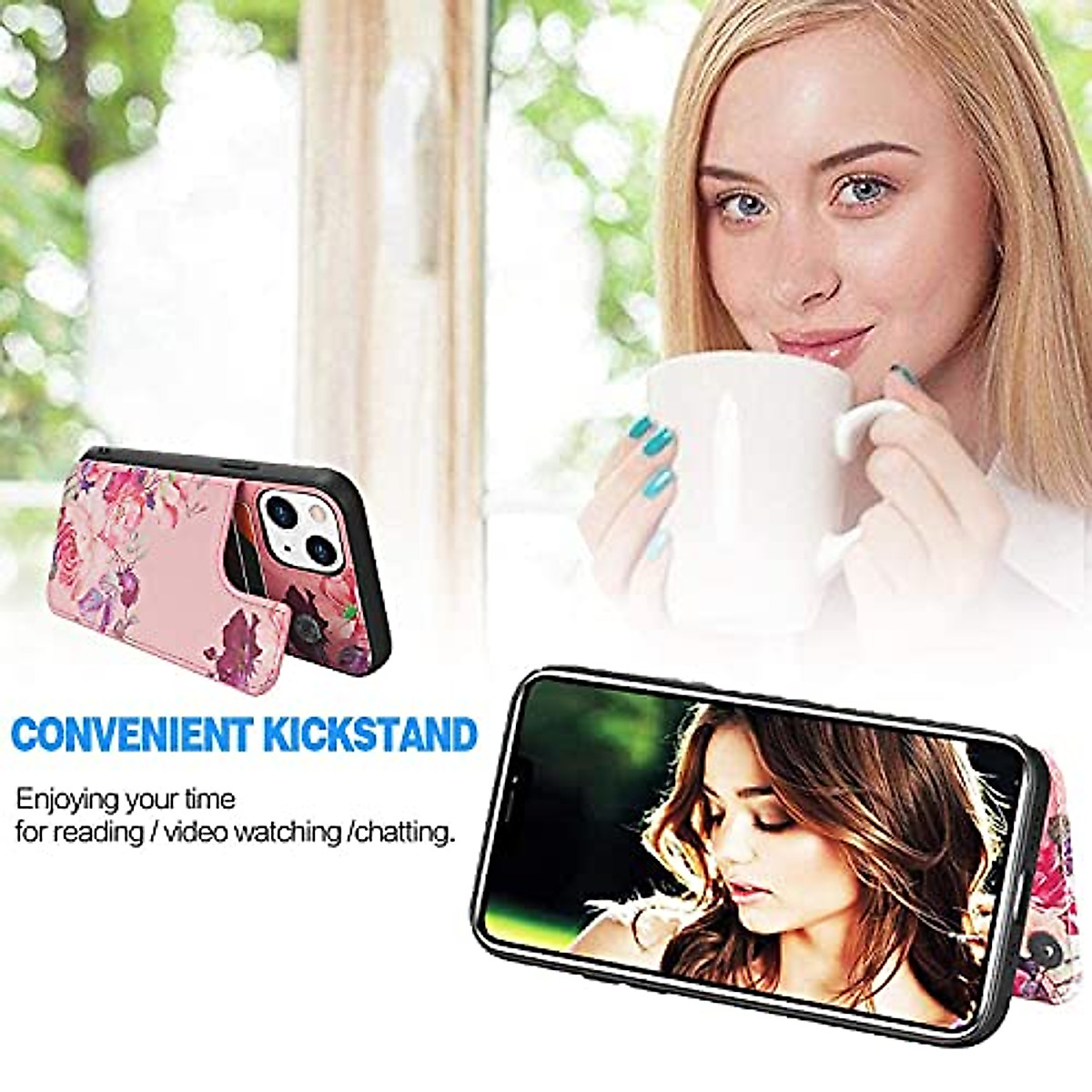 Crosspace Women Phone Wallet Case Compatible for iPhone 13 with Card Holder,Premuim Leather with Flowers add Good Feelings Charms,Easily 3 Cards,Kickstand,Raised Coner Protections(Pink,6.1inch)