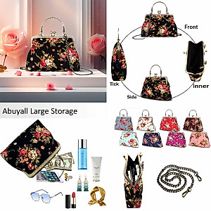 Abuyall Floral Top Handle Handbag Chain Strap Women Kiss Lock Canvas Frame Shoulder Bag Black