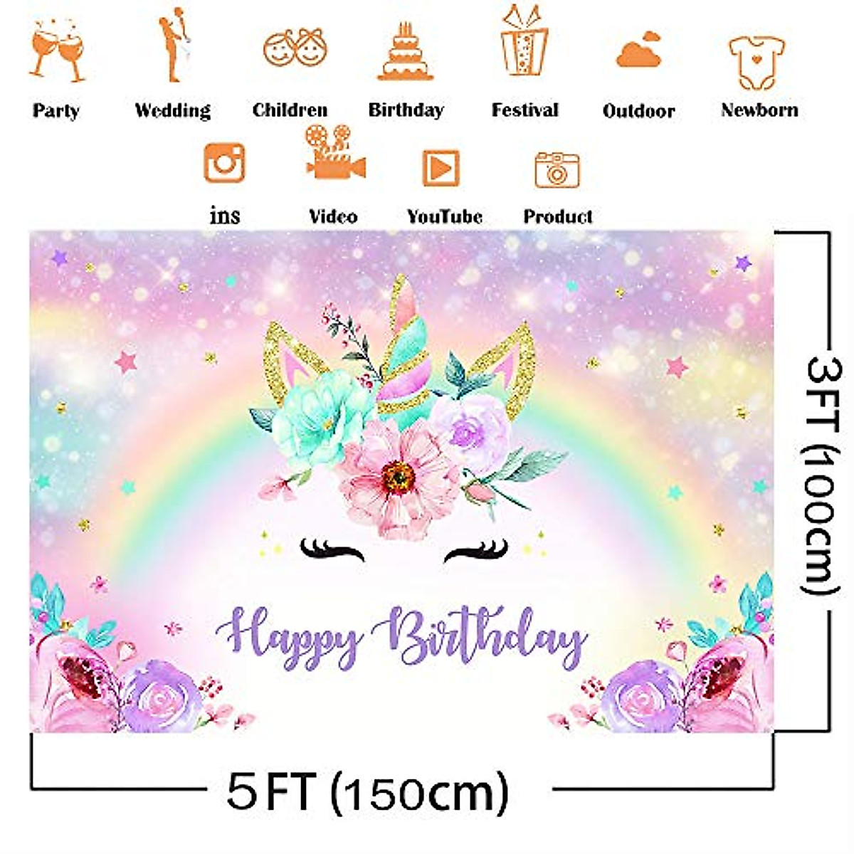 Avezano Unicorn Birthday Backdrop 5x3ft Gold Glitter Rainbow Unicorn Birthday Photo Background Girls Birthday Bokeh Floral Party Decorations Kids Photo Booth Gifts