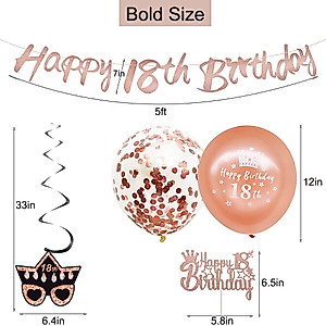 WOJOGO 18th Birthday Decorations For Girls, Rose Gold Happy 18th Year Old Birthday Decorations Includs Happy 18 Birthday Banner Hanging Swirls Cake Topper Balloons for Party Supplies