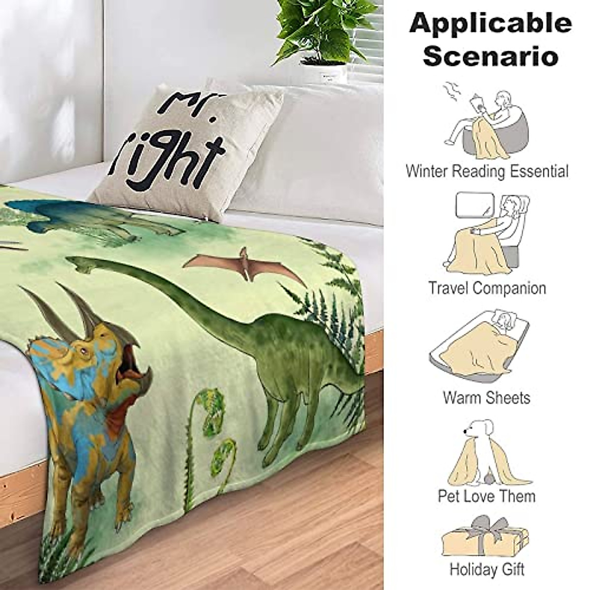 Dinosaur Soft Throw Blanket 60"X50" Lightweight Flannel Blanket for Couch Bed Sofa Home Living Room Decor Travelling Camping for Kids Adults