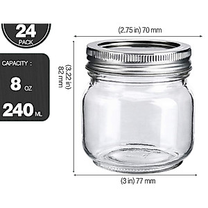 KAMOTA Mason Jars 8 oz With Regular Silver Lids and Bands, Ideal for Jam, Honey, Wedding Favors, Shower Favors, DIY Spice Jars, 24 PACK, 30 Whiteboard Labels Included
