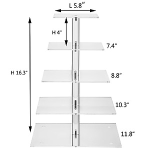 YestBuy 5 Tier Square Acrylic Cupcake Tree Tower Display Stand Display for Pastry Wedding Birthday Party (4" between 2 layers)