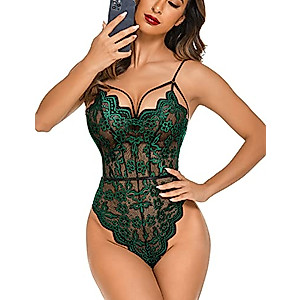 Avidlove Teddy Lingerie for Women Deep V One Piece Lingerie Sexy Lace Bodysuit (Black and Green,Medium)