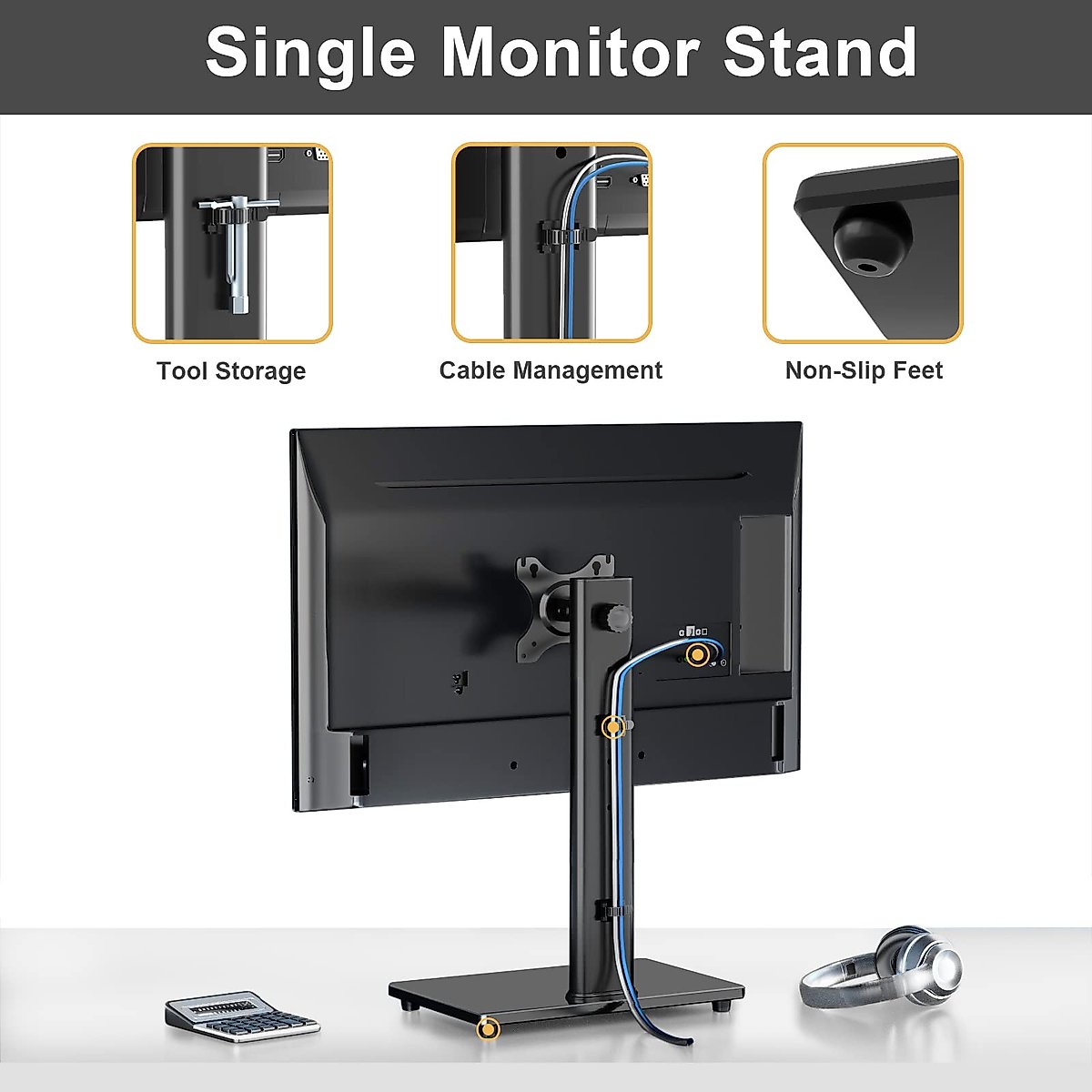 Single Computer Monitor Stand for 13-32 inch Screen, Height Adjustable Monitor Stand, Free Standing Monitor Desk Stand with Swivel, Tilt and Rotation VESA Mount, Black