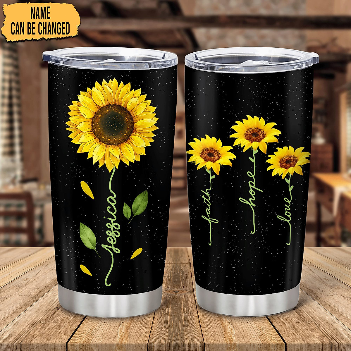 Hyturtle Personalized Gifts For Sunflower Lover - Faith Hope Love Sunflower Custom Name Stainless Steel Tumbler 20oz With Lid - Idea Floral Lover Gifts For Women Girl On Birthday, Christmas