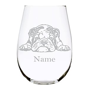 English Bulldog themed with name 17 oz. stemless wine glass