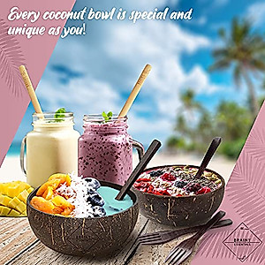 BRAINY ESSENTIALS Coconut Bowls Premium Gift Set: Includes - 2 Handmade Wooden Spoons + 2 Forks + 2 Bamboo straws for Smoothies, Buddha Bowls - Fruits - Salads, Cereal, Acai, Ice-cream