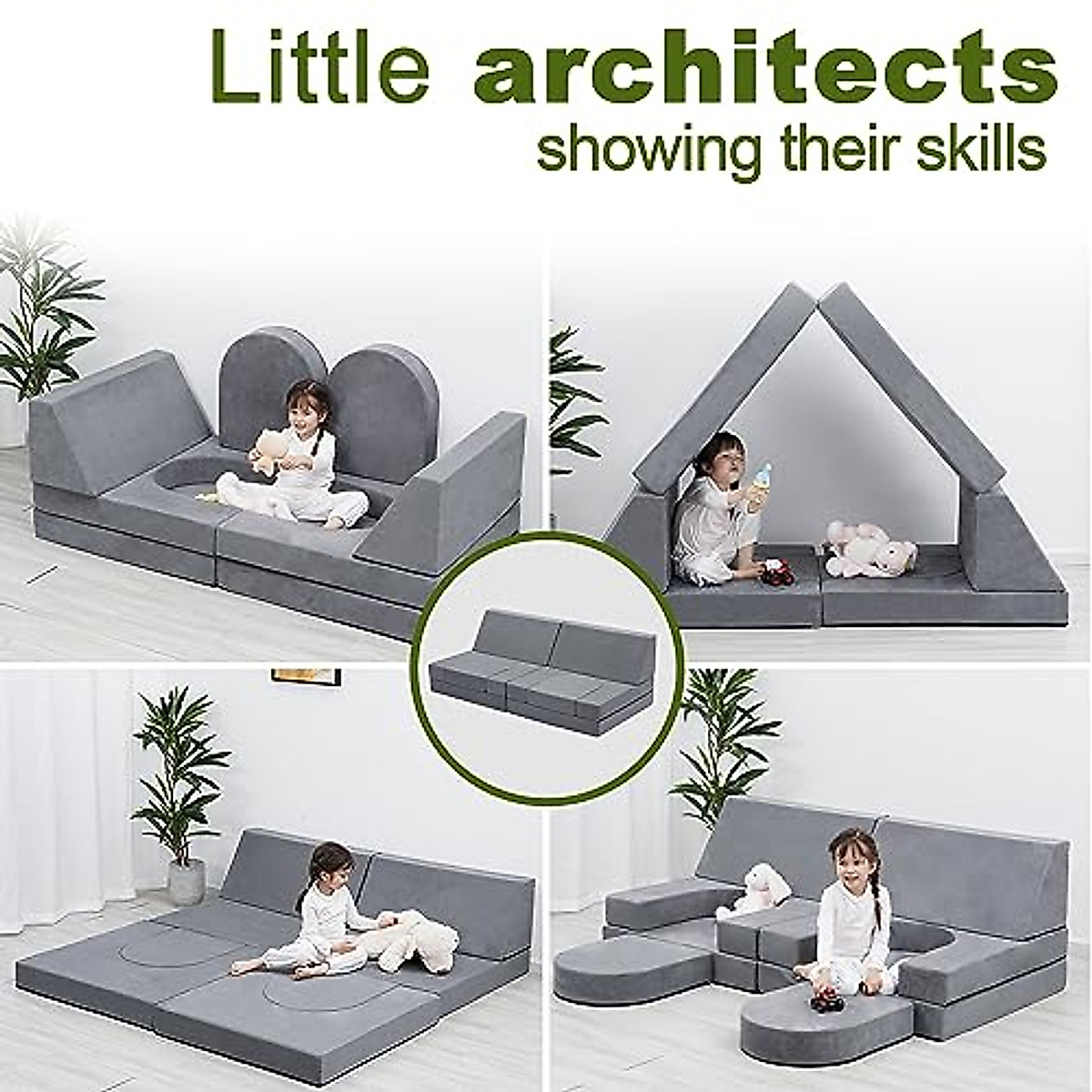 Buytime Kids Couch, Modular Floor Couch with Ottomans, Cozy Toddler Play Sofa Bed with Soft Foam, Playroom and Bedroom Furniture for All Ages, Large