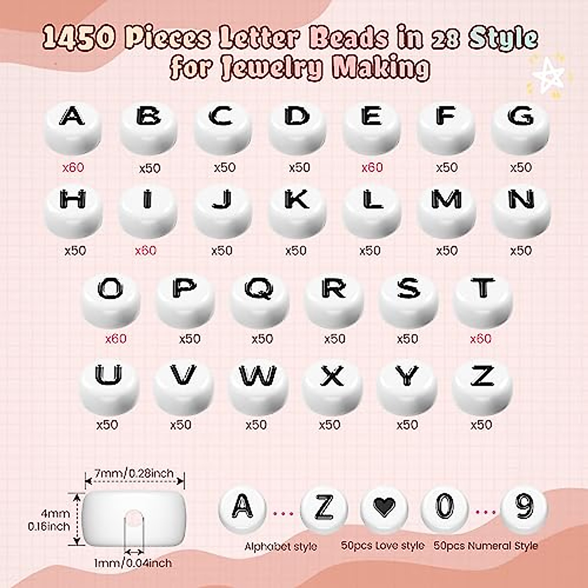 FZIIVQU 1450 Pieces Letter Beads Kit, 4x7 mm White Acrylic Alphabet Beads for Jewelry Making Number Beads Heart Beads Friendship Bracelet Beads Making