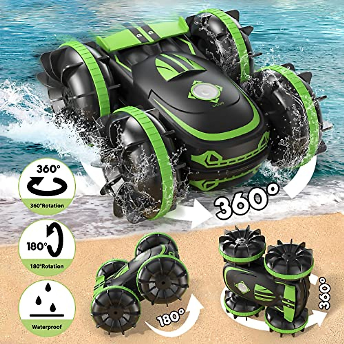 Arulis Amphibious Remote Control Car, 2.4Ghz 4WD Double Sided 360° Rotating RC Stunt Car, Remote Control Boat with Gesture Sensor, Toy Cars Gifts for 3 4 5 6 7 8+ Year Old Boys, Pool Water Beach Toy