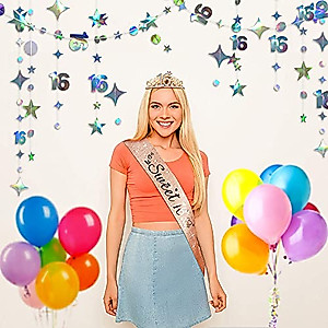 MUDESEN Sweet 16 Sixteen Birthday Party Decorations for Girls, Iridescent Number 16 Circle Dot Twinkle Star Garland Kit Hanging Streamer Backdrop Decorations for Girls 16th Birthday Party …