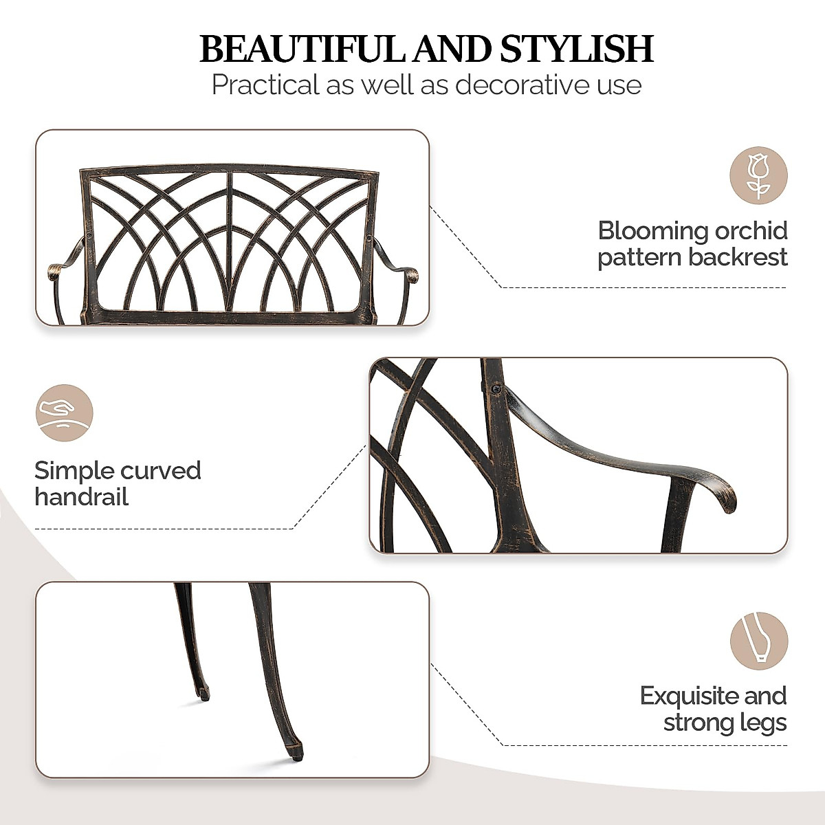 VINGLI 38" Outdoor Bench Cast Aluminium Garden Bench, Orchid Porch Bench Patio Bench Deck Furniture for 1-2 Person Seat(Bronze)