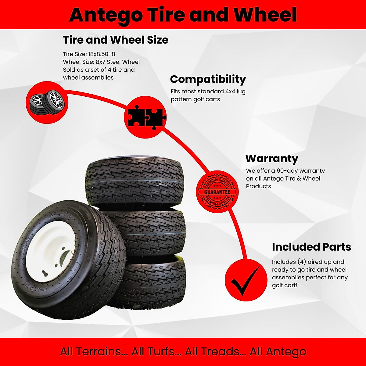 Antego Tire & Wheel 18x8.50-8 Tires on 8x7 Steel Wheels White Assemblies for Golf Carts and Lawn Mowers (Set of 4)