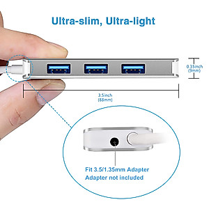 USB 3.0 Hub RSHTECH Aluminum 4 Port Ultra Slim USB 3.0 Data Hub Splitter Portable USB Port Expander for Laptop and PC (Silver)