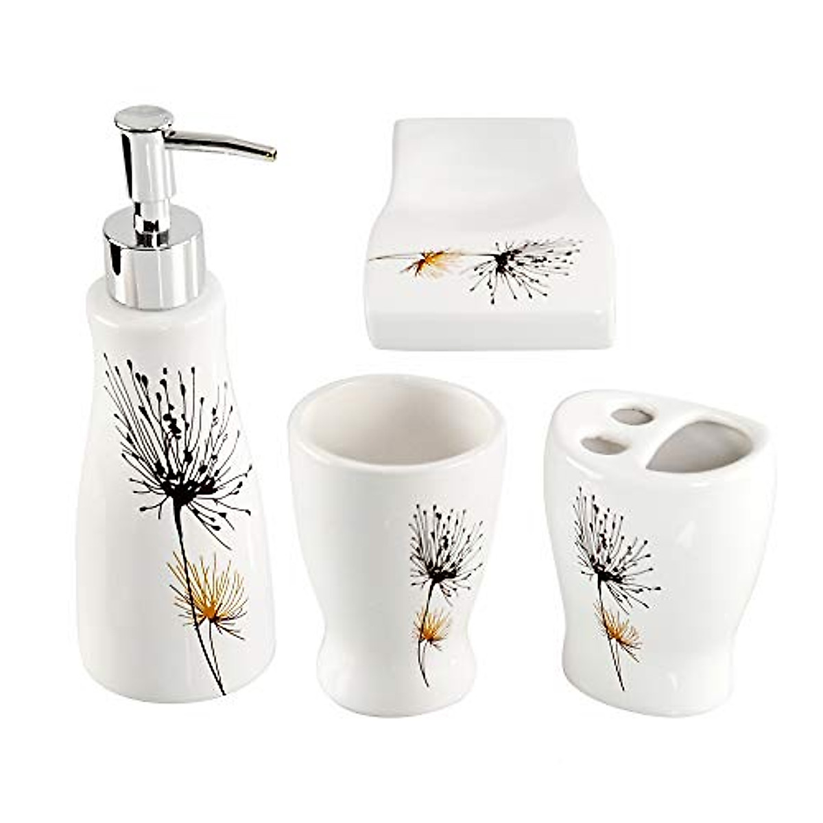 HOME-X Bathroom Accessory Set, 4-Piece Set with Soap Dish, Liquid Dispenser, Tumbler, and Toothbrush Holder, White with Flower Print