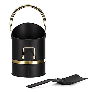 Navaris Fireplace Ash Bucket - Black Metal Bucket with Handle and Shovel for Fire Ash Charcoal and Coal - Home Wood Burner Pit Fireplace Accessories