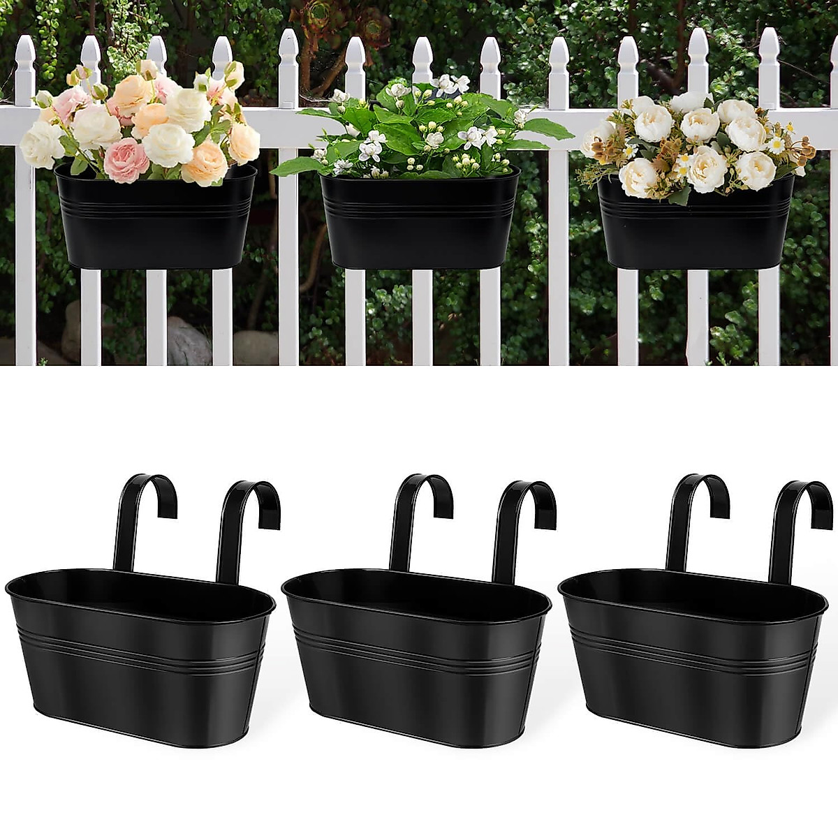 vensovo Metal Railing Planter for Outdoor Plants - 3 Pack Balcony Hanging Flower Pots with Detachable Hooks and Drain Holes Oval Bucket Rail Box Fence Planters for Home Garden Decor, Black