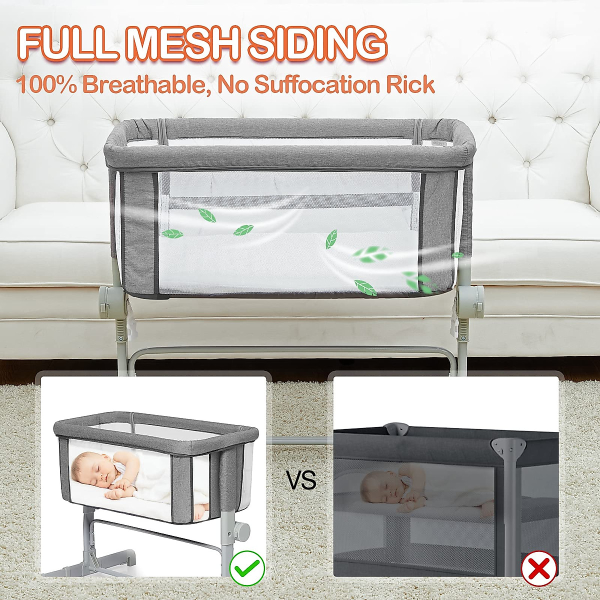 Babevy Baby Bassinet Bedside Sleeper Bedside Crib, Crib Adjustable Height Portable Bassinet with Wheels and Music Box for Newborn Baby, Mattress and Travel Bag Included, Linen-Grey