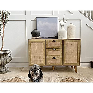 PHI VILLA Sideboard Buffet Cabinet with Storage Console Table Woven Rattan Cabinet Coffee Bar Kitchen Dining Room Living Room Storage Cabinet Accent Cabinet with Doors and Drawers