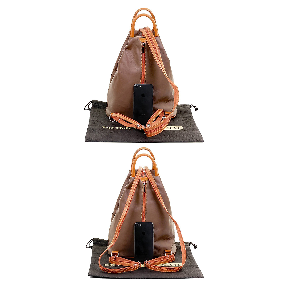 PRIMO SACCHI Italian Soft Leather Dark Taupe Tan Top Handle Shoulder Bag Rucksack Backpack Purse