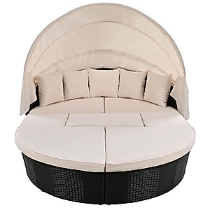 Merax Outdoor Patio Rattan Round Daybed Sunbed with Retractable Canopy, Sectional Sofa Set for Backyard and Porch, Black Furniture Clamshell Seating Containing Washable Cushions, Beige