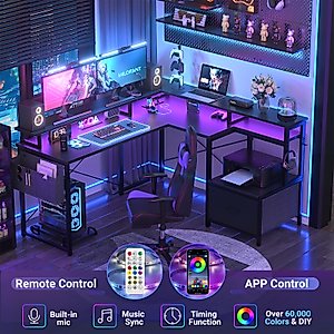 Unikito L Shaped Desk with File Drawer, Reversible L Shaped Computer Desk with Power Outlet & LED Lights, Home Office Desk Corner Desk with Monitor Shelf and Printer Cabinet, Gaming Desk, Black