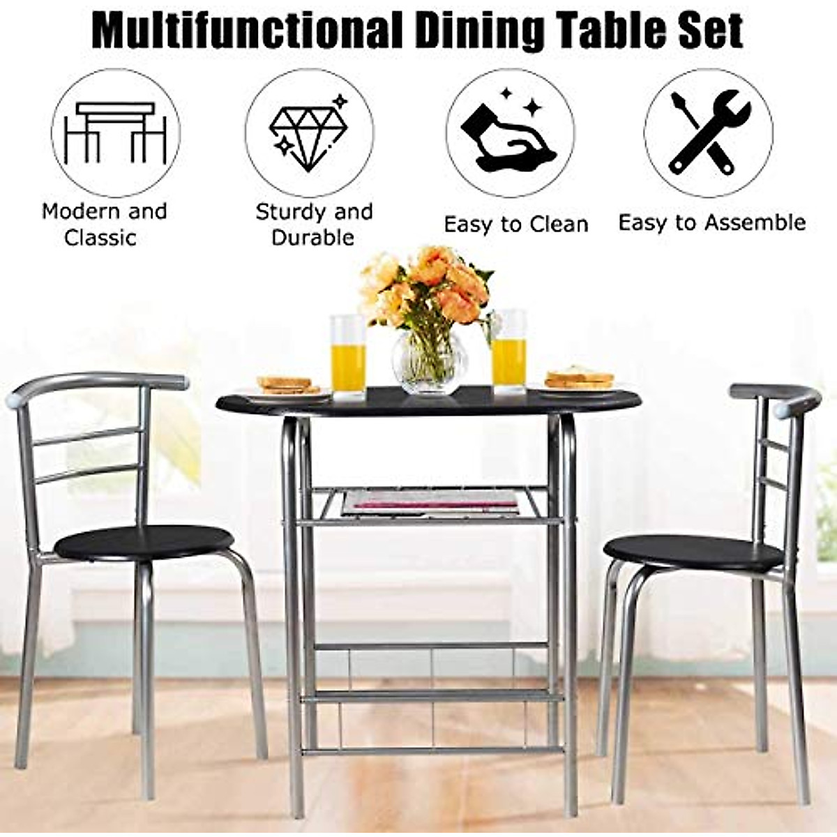 LUARANE 3 Piece Dining Set, Breakfast Table Set w/Metal Frame and Storage Shelf, Compact Table and 2 Chairs Set, for Home Bistro Pub Apartment Kitchen Dining Room Cafe (Black & Silver)