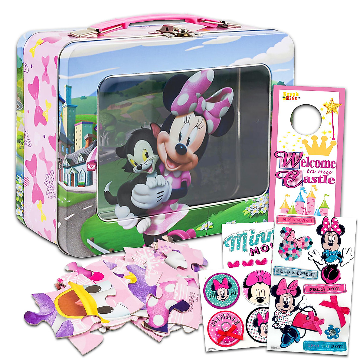Classic Disney Minnie Mouse Tin Lunch Box Puzzle Bundle ~ Minnie Mouse Lunchbox with Minnie Puzzle 24 Piece for Kids, Minnie Mouse Stickers, and More (Minnie School Supplies), Minnie Mouse tin box