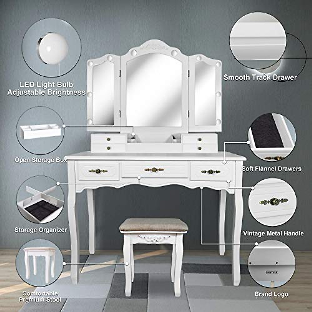 ENSTVER Vanity Set with 10 Hollywood LED Light Bulbs,Makeup Table with Stool and Mirror,6 Organization 7 Drawers,Dressing Table for Bedroom,Pure White