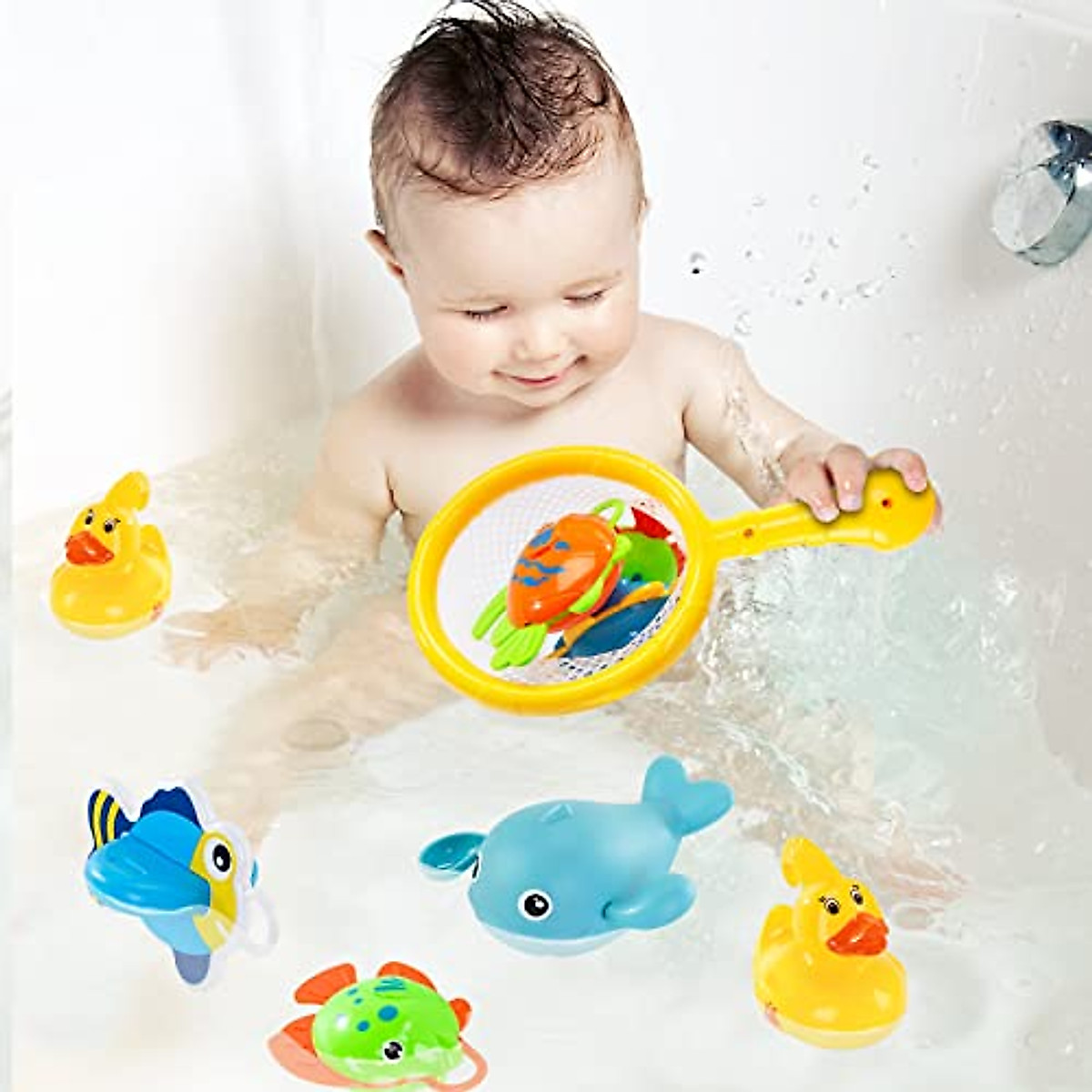 Shindel Bath Toys for Toddler, 14PCS Fishing Wind-up Bath Toys Yellow Duck Toys Bath Time Bathtub Toys for Toddlers Baby Kids Infant Girls Boys Bathroom for Age of 18 Months and up