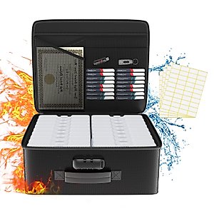 Fireproof Safe Photo Storage Box with 18 Inner 4" x 6" Clear Photo Cases, Portable Photo Organizer with Lock for Picture, Collapsible Photo Container with Handle and 18 Boxes 4 Sheet Label Stickers