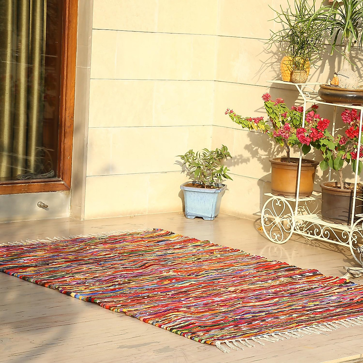 RAJRANG Multicolor Bohemian Rug 5x7 feet Boho Striped Recycled Cotton Chindi Area Rugs with Decorative Tassels