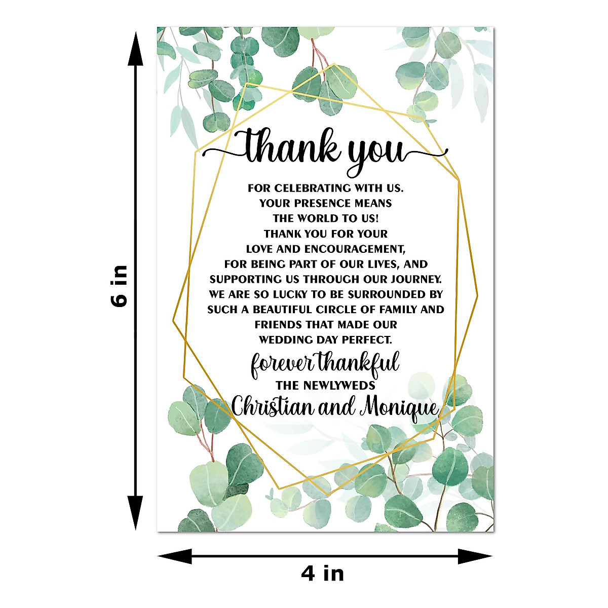 Personalized Eucalyptus Wedding Thank You Place Cards, Custom Place Setting Cards, For Bridal Shower, Reunion, Reception, Celebration, Rehearsals, Dinner Parties, Events 50 Cards 4"x6". Made in USA